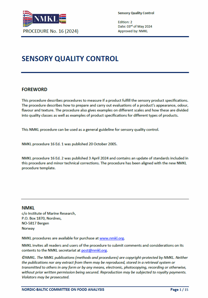 New edition: NMKL Procedure 16. Sensory Quality Control. - NMKL